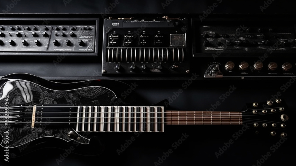 Music instruments (guitar, piano, sheet music), Solid black background ...