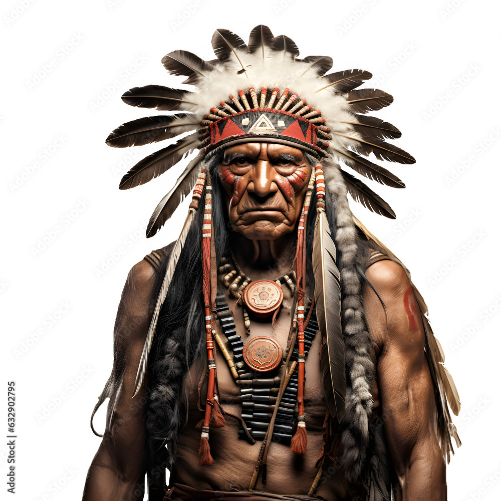 Portrait of tribal Indian warrior, native American tribe male isolated ...
