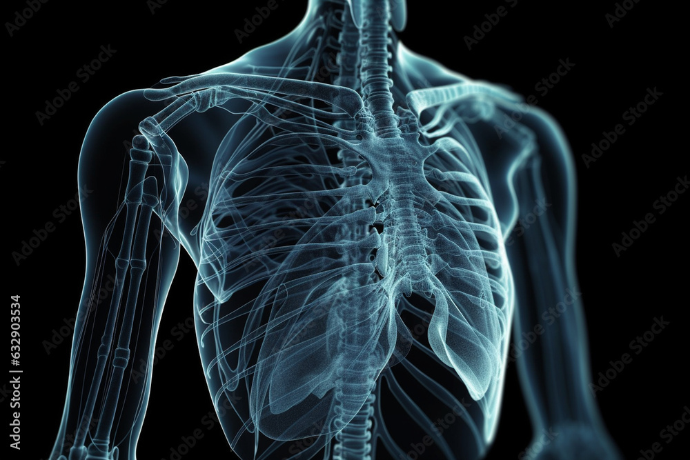 An X-ray image of the chest, highlighting the bones of the rib cage and ...