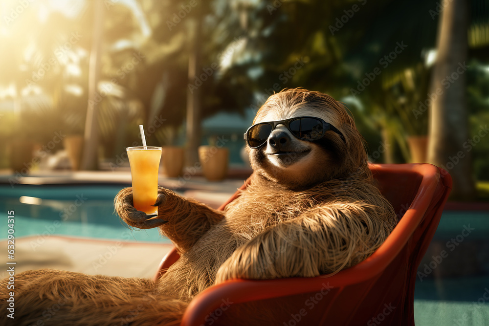 Portrait of happy funny sloth, wearing sunglasses, relaxing in lounges ...