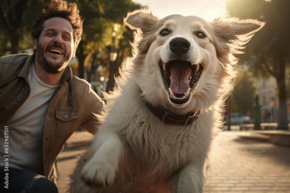 the dog runs away from the man are played .generative ai. Stock Photo ...