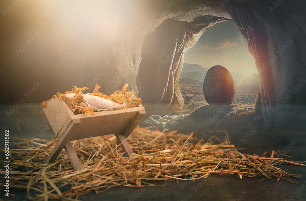 Birth and resurrection of Jesus Christ, manger in Bethlehem, empty ...