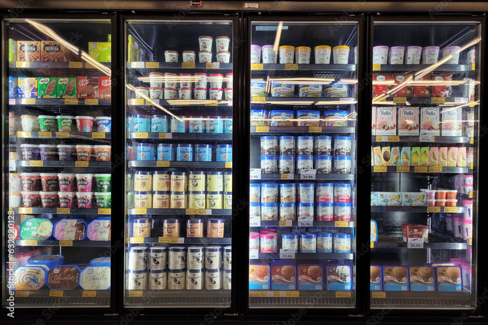 PENANG, MALAYSIA - 1 JULY 2023: Interior view of huge fridge with ...