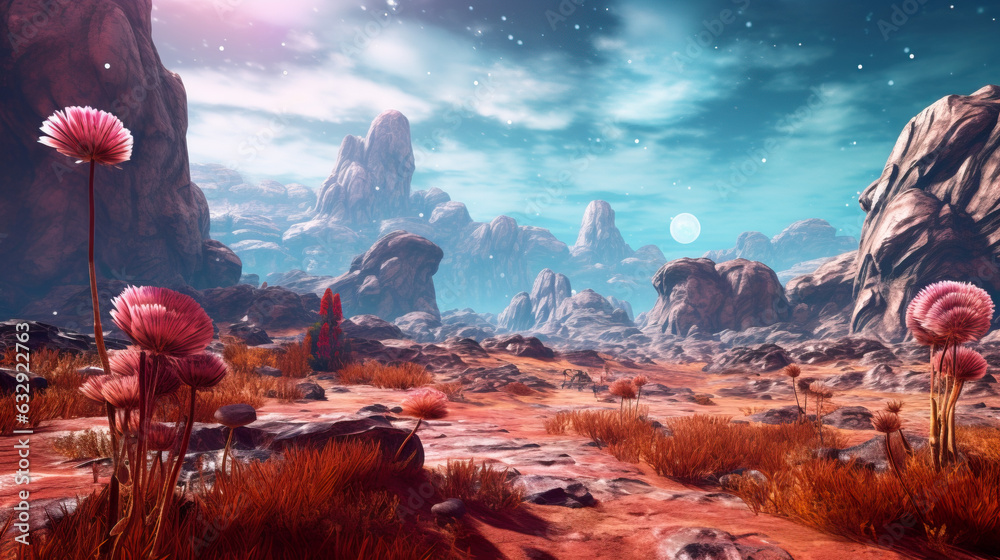 Retro futuristic Sci-fi wallpaper. Alien planet landscape. Breathtaking ...