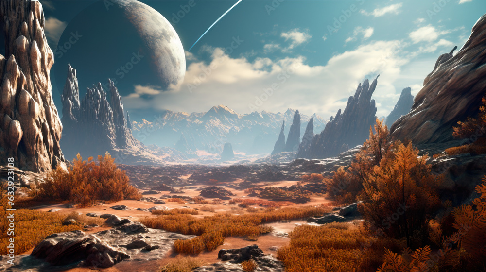 Retro futuristic Sci-fi wallpaper. Alien planet landscape. Breathtaking panorama of a desert ...