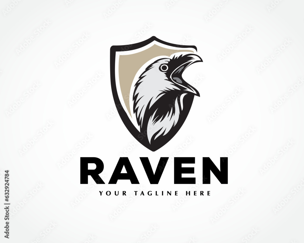 head raven bird at shield logo symbol design template illustration ...