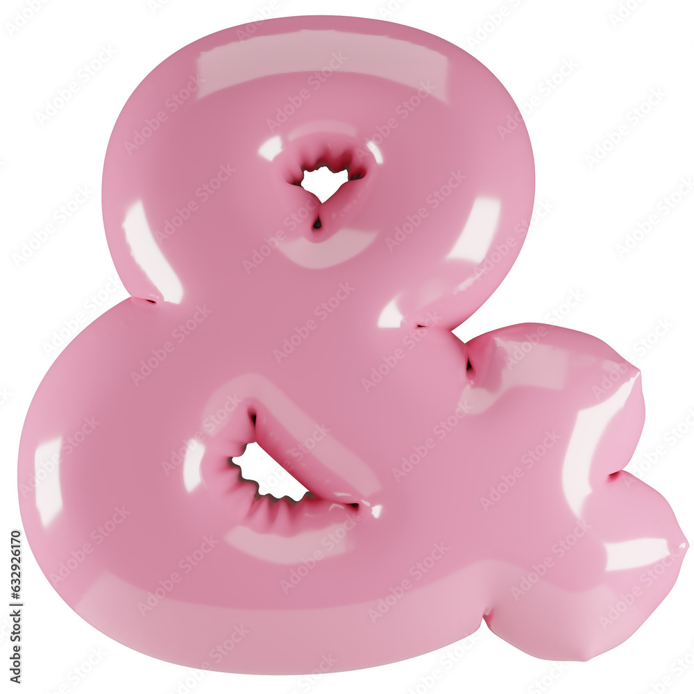 Inflated glossy pink ampersand symbol illustration. 3D render of latex bubble font with glint ...