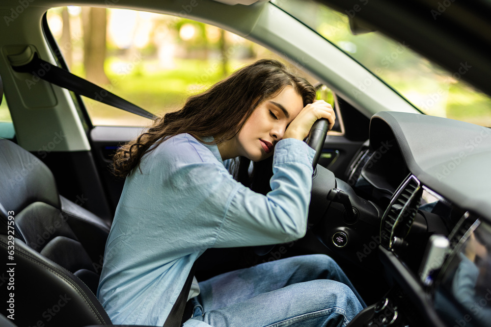 Stressed woman drive car feeling sad and angry. Girl tired, fatigue ...