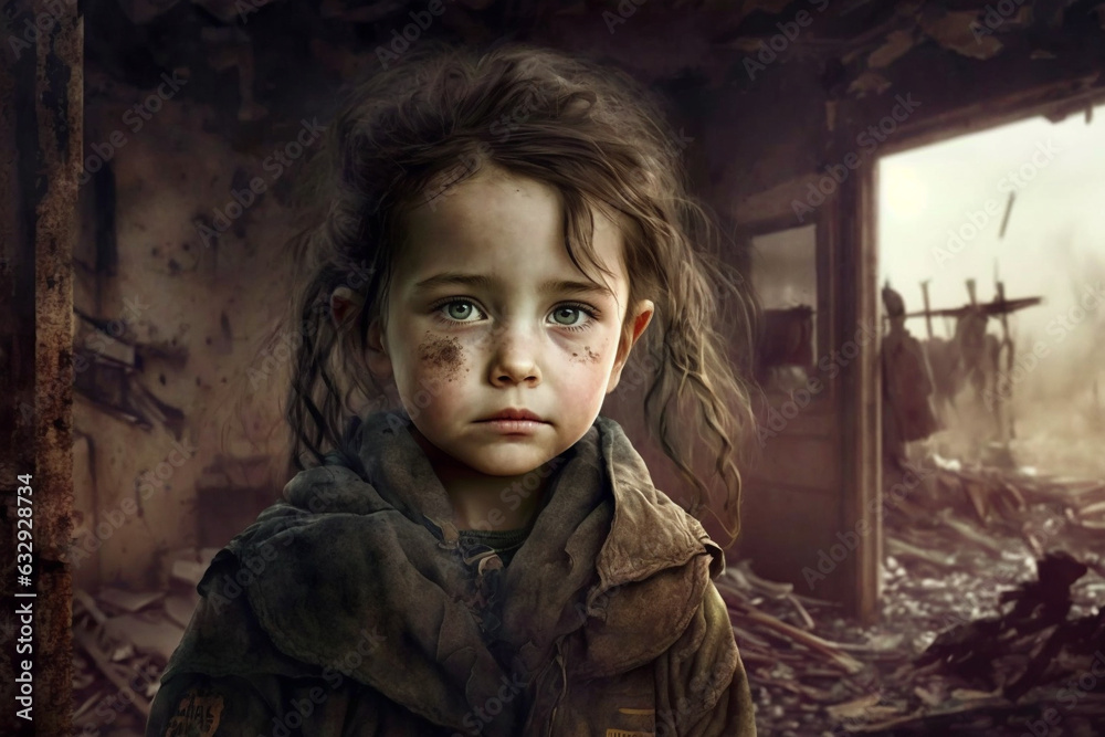 Sad little child girl in a devastated war torn zone or city. Warfare ...