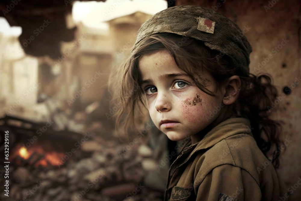 Sad little child girl in a devastated war torn zone or city. Warfare ...