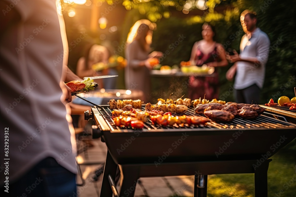 Backyard BBQ party with blurred friends. Celebrating a nature birthday ...