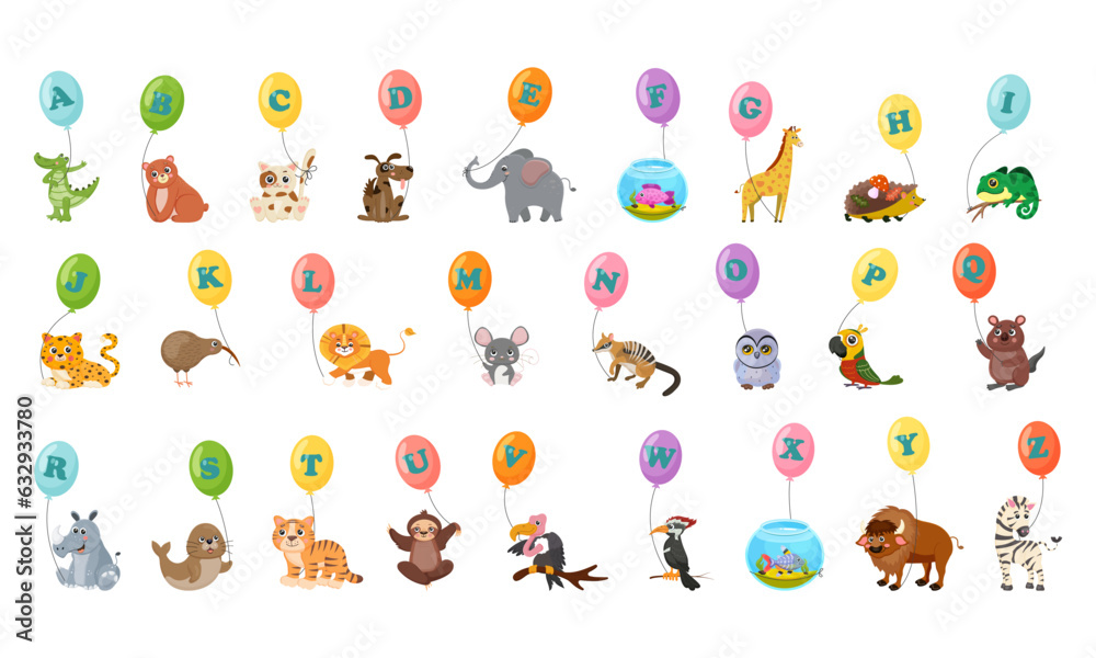 Abc, english alphabet with cartoon animals. Letters set, pets, balloons ...