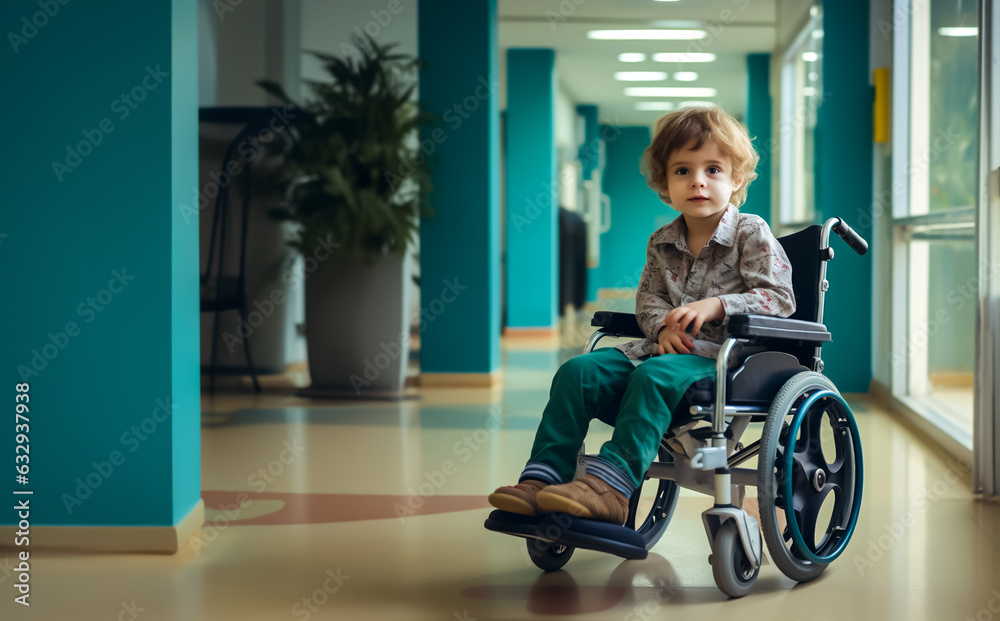 Sick boy in a wheelchair at the hospital. Child illnesses and ...
