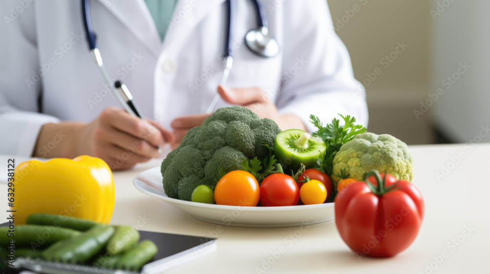 Nutritionist giving consultation to patient with healthy fruit and ...