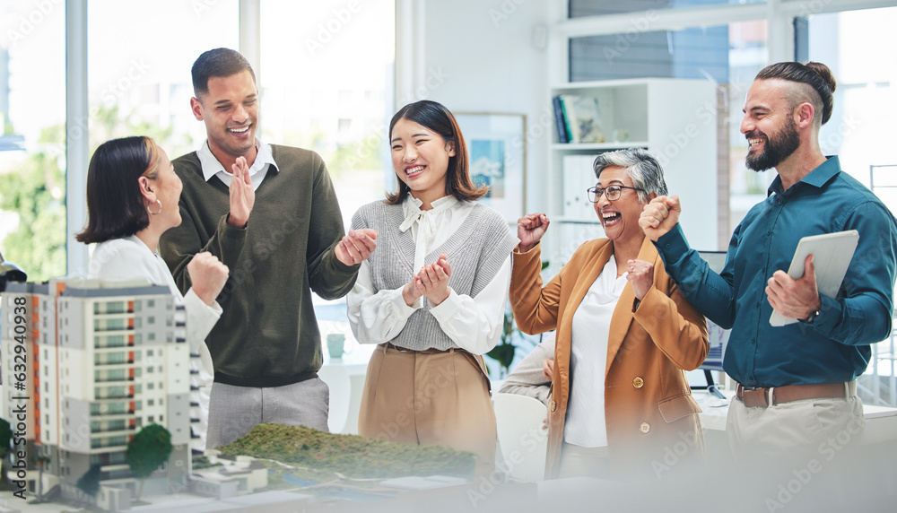 Business people, support and architecture with achievement, celebration ...