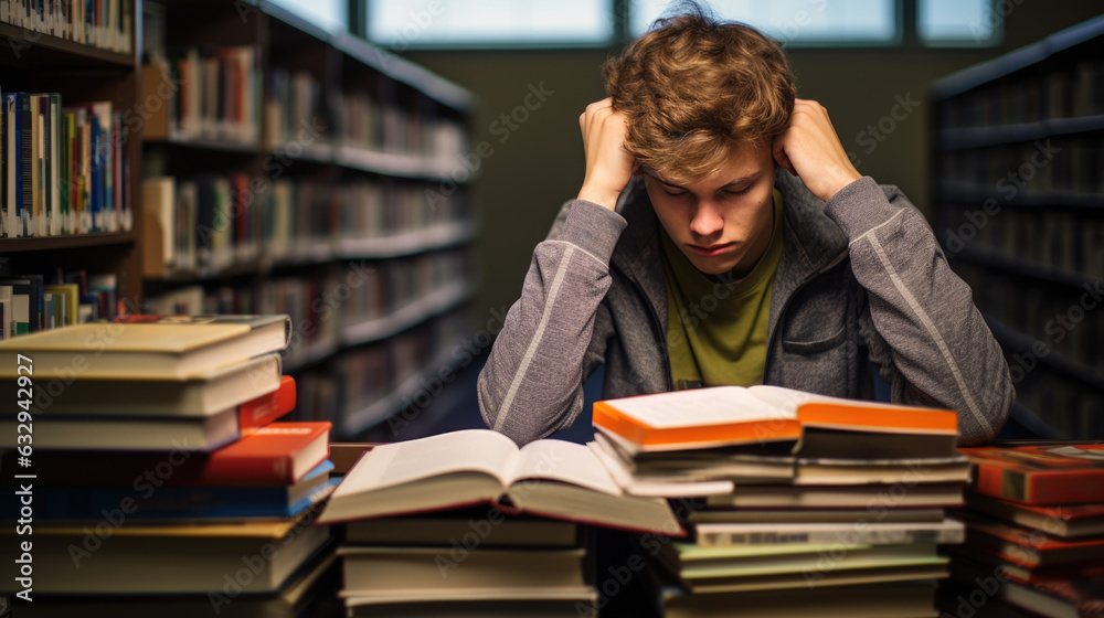 Tired male student holding his head while sitting in library against ...