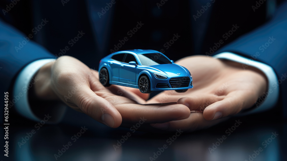 Car insurance. Male hands holdind blue car as protection concept ...