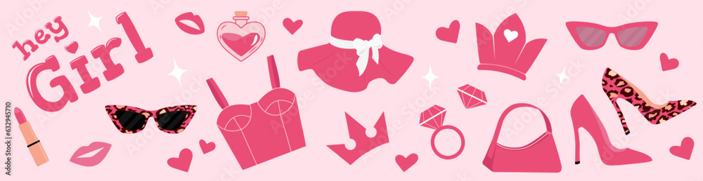 Girly princess banner with hand drawn elements. Design of doll ...