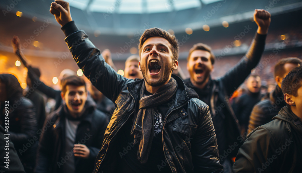 Football hooligans in game. aggressive soccer fans shouting and booing ...