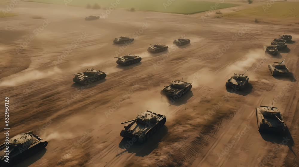 armored tanks cross a minefield during war, counterattack, tanks in the ...