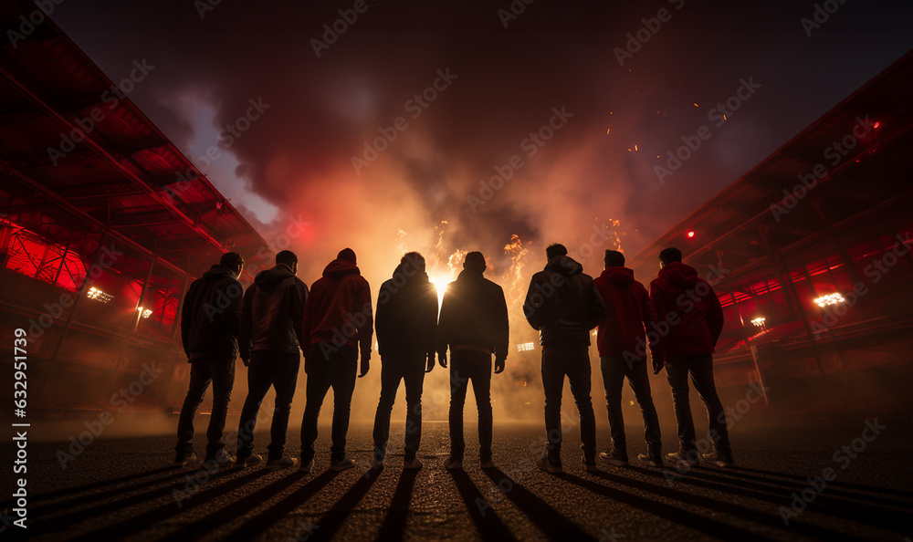 Football hooligans in game. aggressive soccer fans shouting and booing ...