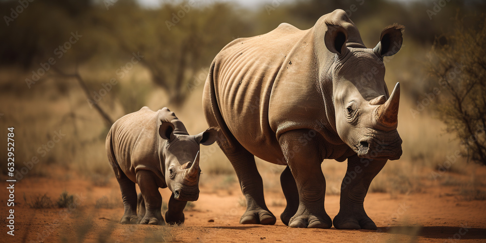 Adult rhino with baby looking at distance in the steppe Stock Photo ...