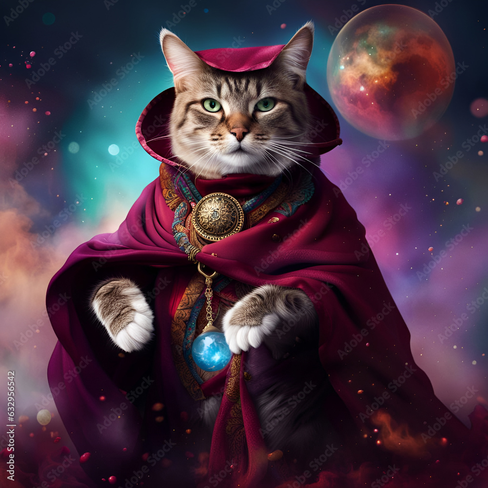 A sorcerer cat wearing a witch hat and a cape in a mysterious ...