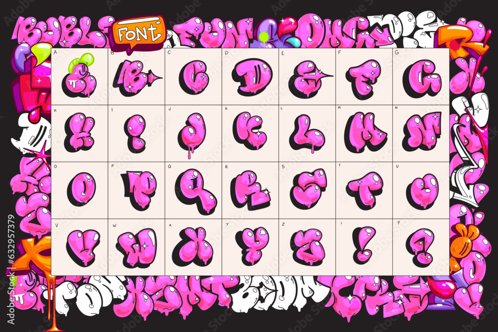 Cartoon pink alphabet set. Font letters in graffiti throw up style ...