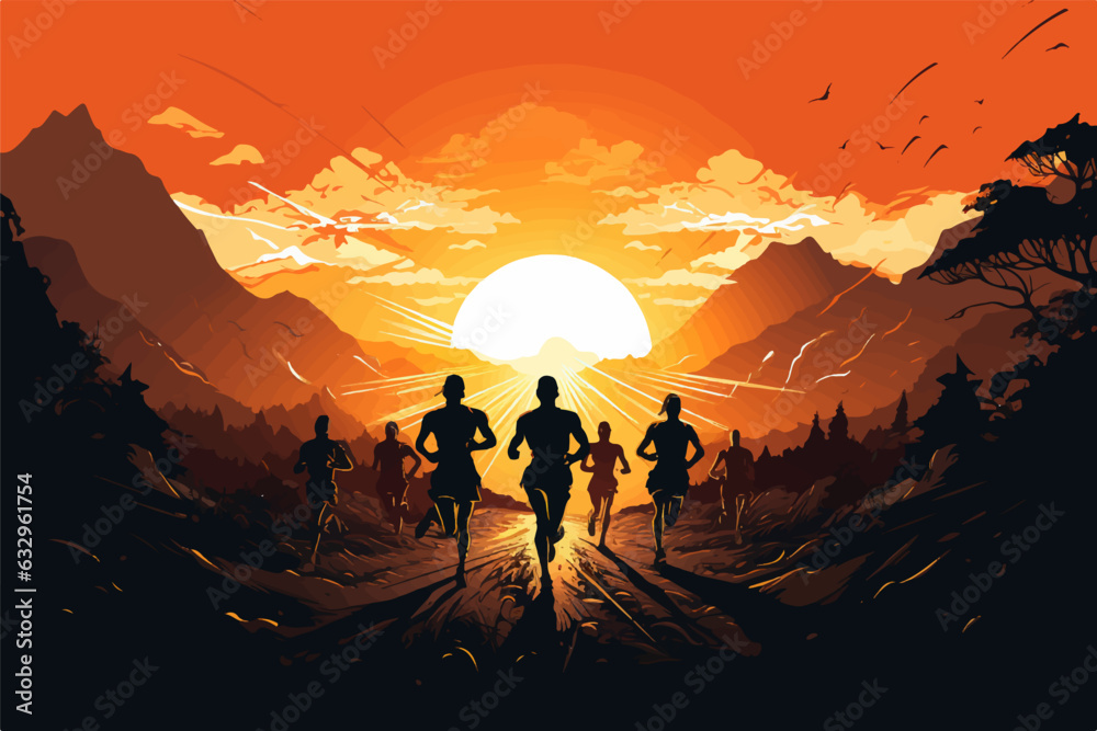 silhouette of runners in the sunset Stock Vector | Adobe Stock