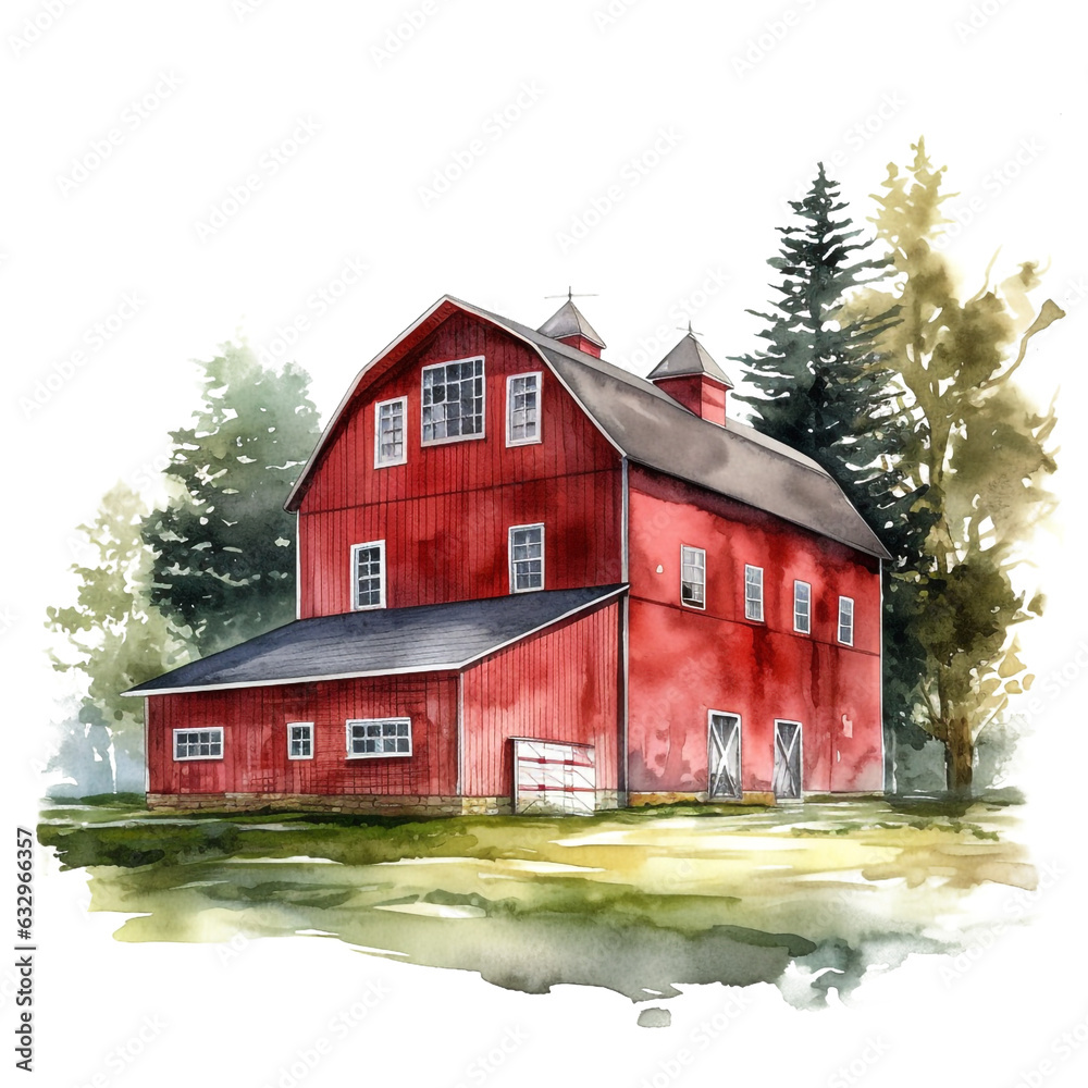 Red Farm Barn Watercolor Clipart, Farmhouse clipart, Barn Bundle, House ...