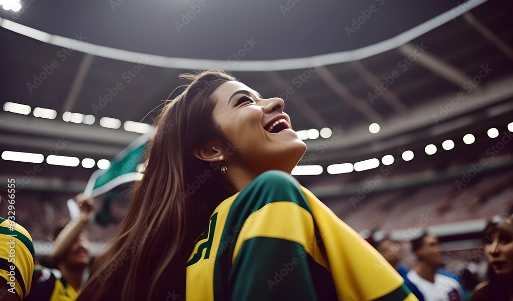 Beautiful football fan girl watching football match in the stadium ...