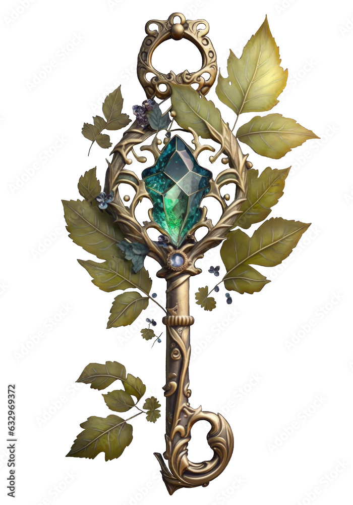 Elvish Key with green crystal, Magic woodland metallic key digital ...