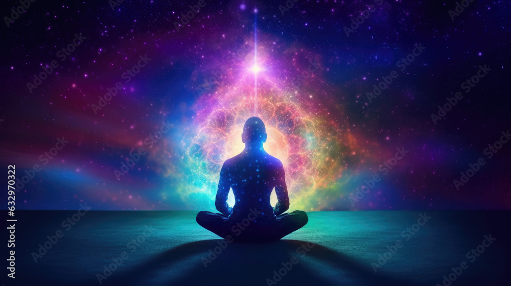 Meditating human silhouette in yoga lotus pose. Galaxy universe ...