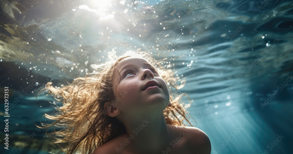 girl swimming underwater looking up at the surface Stock Photo | Adobe Stock