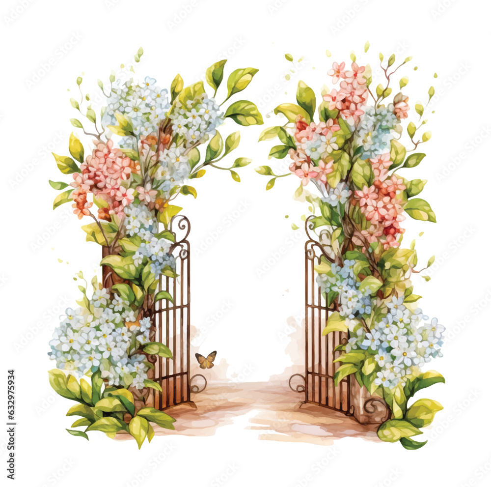 Metal garden gate surrounded by flowers watercolor painting Stock ...