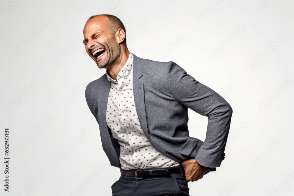 Medium shot portrait photography of a man in his 30s wincing with pain ...