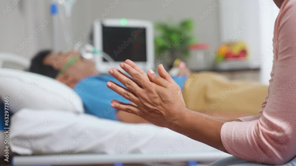 Close up shot of wife hands or family hands praying for admitted ...