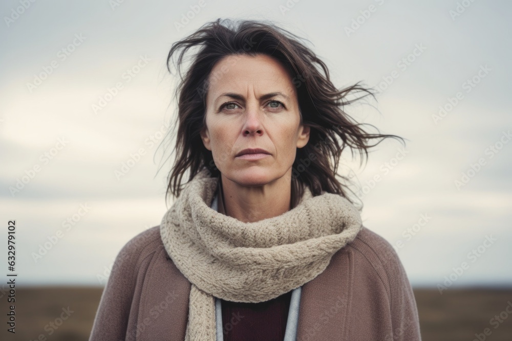 Headshot portrait photography of a woman in her 40s with a somber and ...
