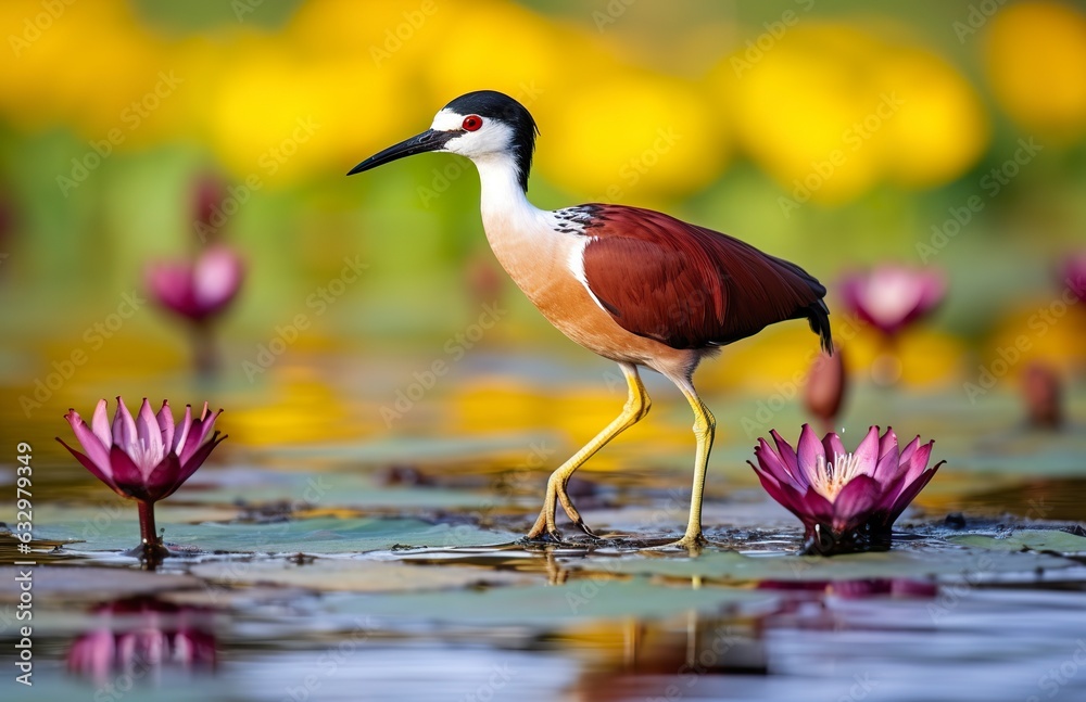 Colorful African wader with long toes next to violet water lily in ...