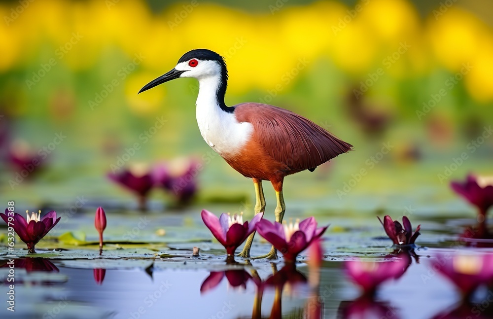 Colorful African wader with long toes next to violet water lily in ...