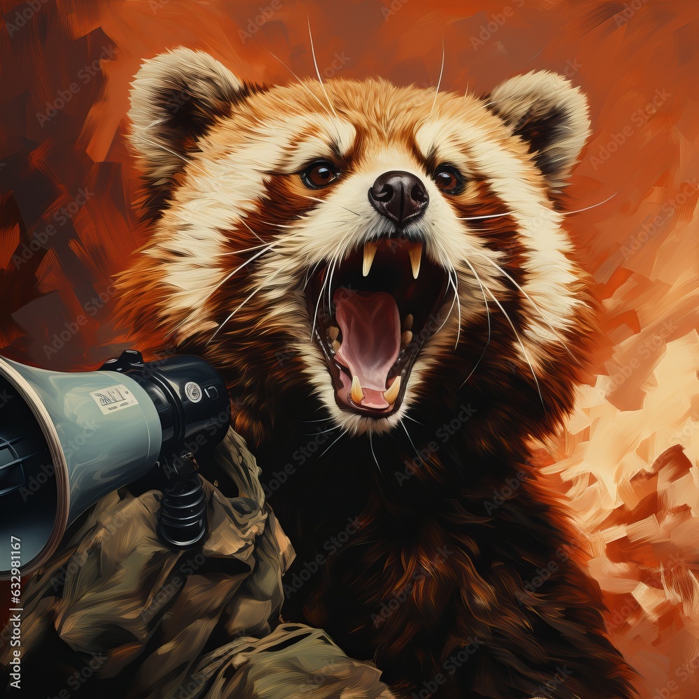 Red panda screams aggressively into a bullhorn, mascot in the style of ...