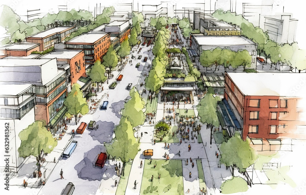 Urban planning sketch highlighting sustainable elements like green ...