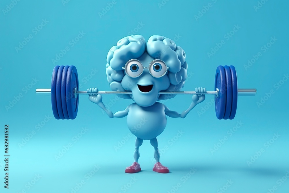 Human brain lifting weights. 3D brain lifting a heavy dumbbell. Mind ...