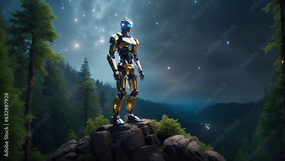A robotic figure stands atop a rocky pinnacle, its body illuminated by ...