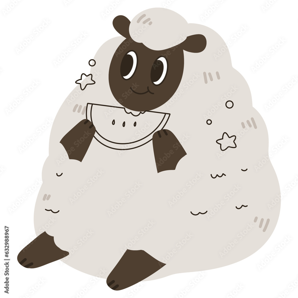 sheep eating watermelon cute cartoon illustration clipart for sticker ...