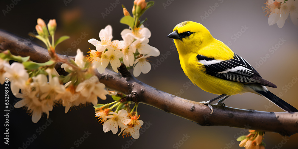 Foto de Goldfinch birds Gold finch perched on the branch of a flowering ...