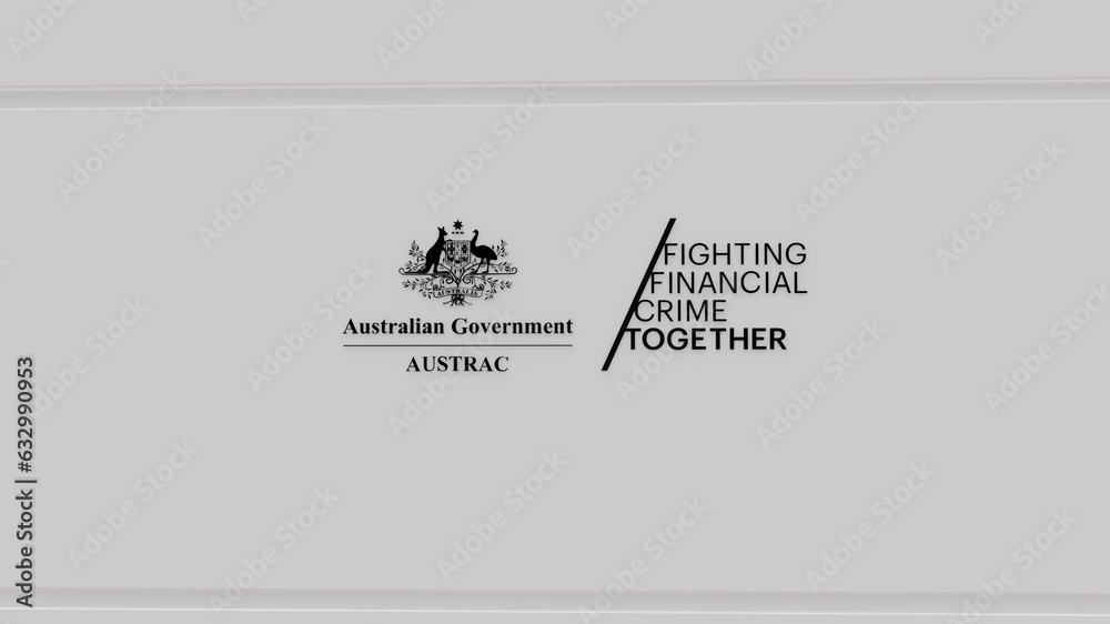 August 9th 2023 the logos of AUSTRAC and Fighting Financial Crime Together on a white wall ...