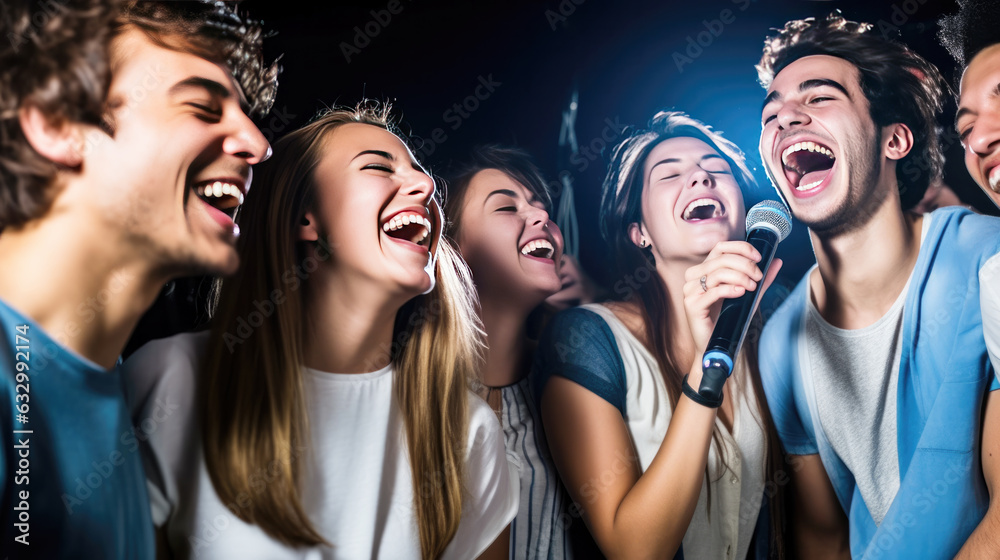 Happy people of young people together in a karaoke bar, singing and ...