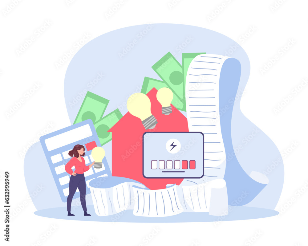 Woman reducing energy consumption vector illustration. Long and ...