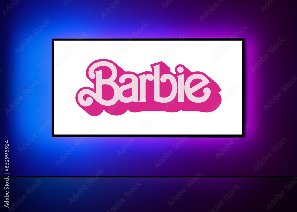 Pink Barbie logo on the big TV screen with neon colorful background on ...